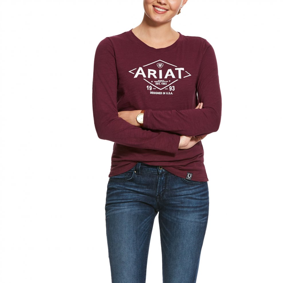 Ariat Tile Logo Long Sleeve Tee Shirt Wine - Robinsons Equestrian